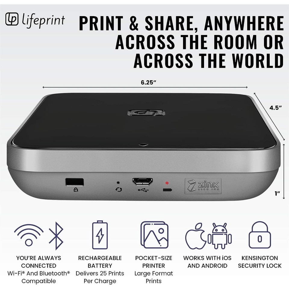Lifeprint Wireless Video & Photo Printer 3x4.5", Zink Portable Printer ...