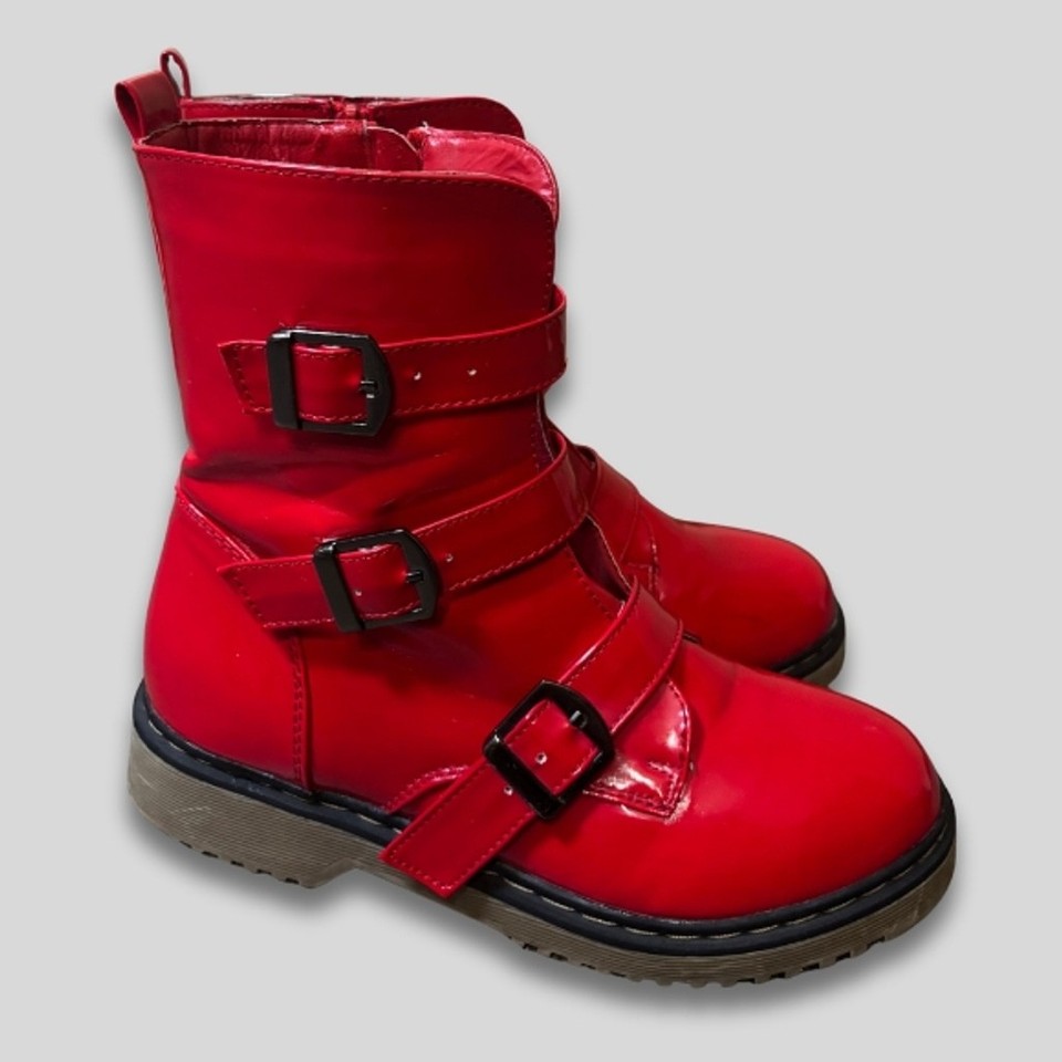 Forever Combat Boots Zip Buckle Straps Glossy Patent Faux Leather Red ...