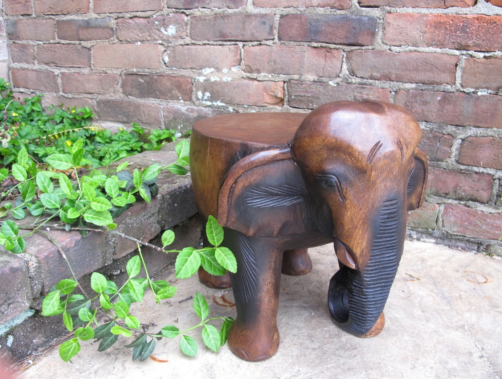Hand Carved Wooden Thai Elephant Statue Small Table Stool Plant Pot ...