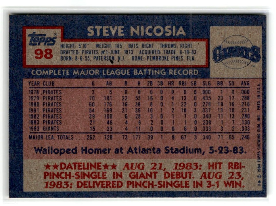 1984 Topps BASEBALL #98 Steve Nicosia San Francisco Giants | eBay
