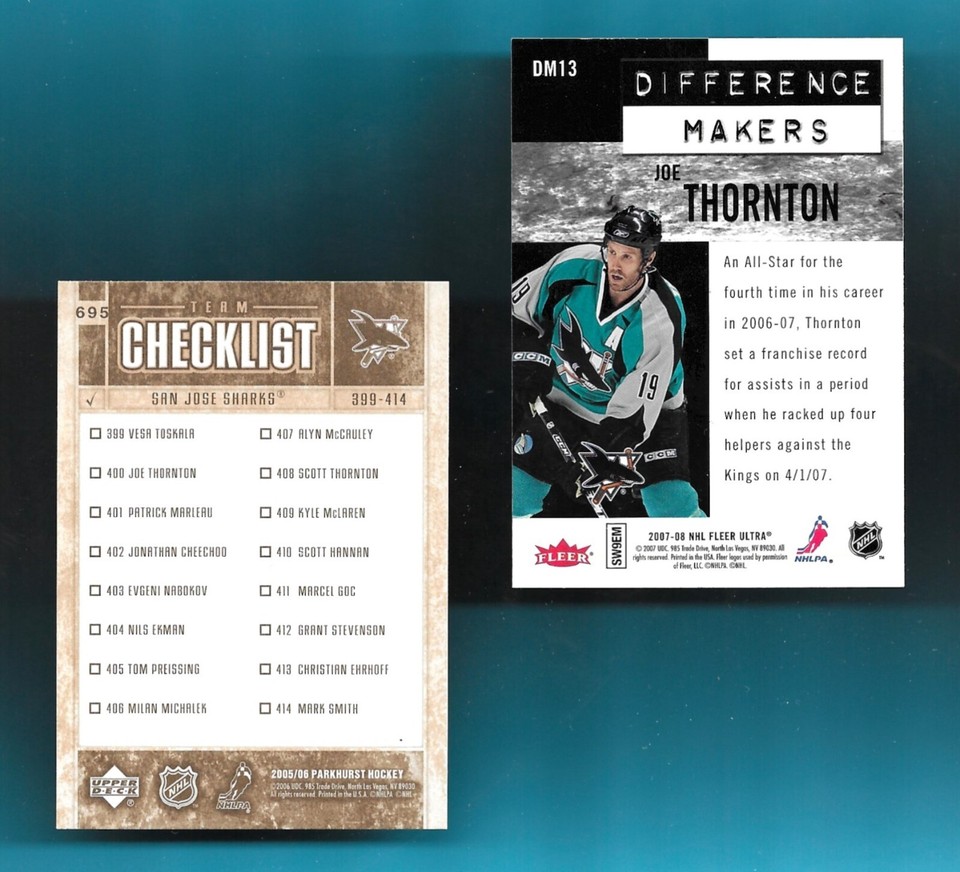 BOTH! JOE THORNTON-SAN JOSE SHARKS 2005-06 Parkhurst CHECKLIST ...