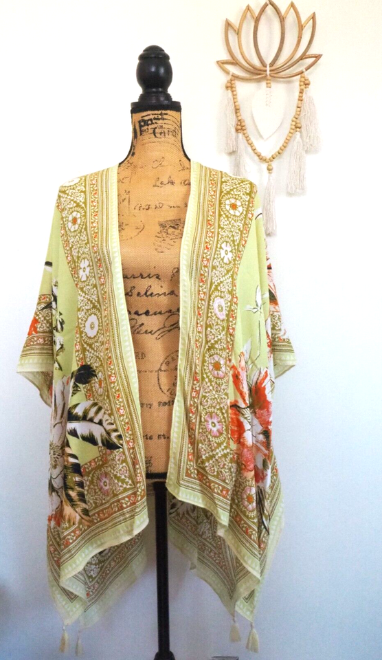 Nine West Lime Green Floral Blooms Rayon Ruana Wrap Kimono w/Tassels ...