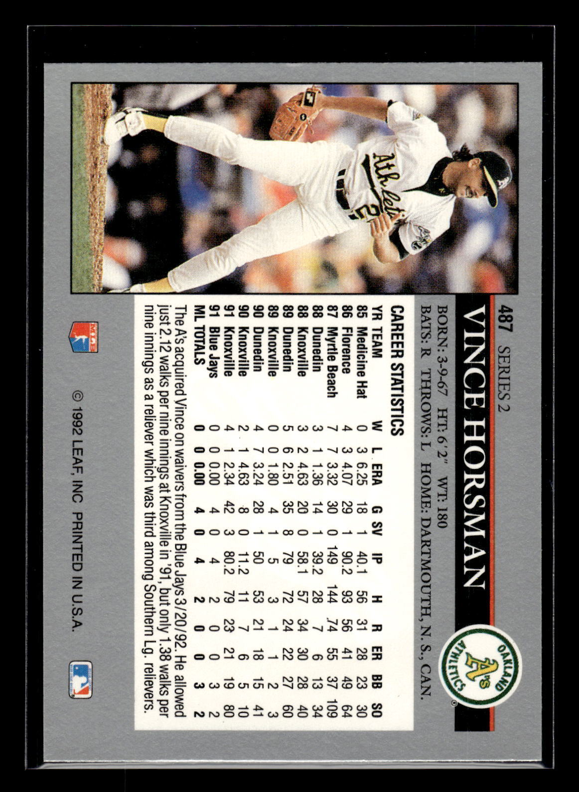 1992 Leaf Baseball #487 Vince Horsman Rookie Oakland Athletics Pack ...