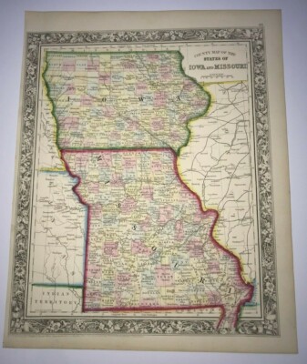 USA IOWA MISSOURI 1860 MITCHELL LARGE DETAILED ANTIQUE MAP 19TH CENTURY ...