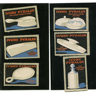 Vintage Poster Stamp Label set of 6 IVORY PYRALIN Toilet Ware brush ...