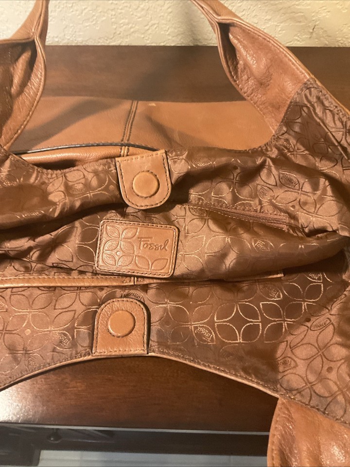 Fossil Cognac Brown Leather Hobo Tote Shoulder Bag Handbag Purse Double ...