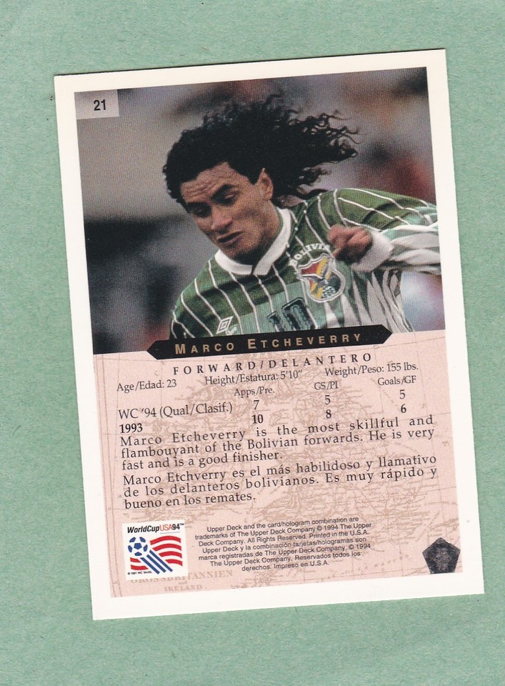 MARCO ETCHEVERRY BOLIVIA UPPER DECK USA 94 WORLD CUP HEROES ALL STAR ...
