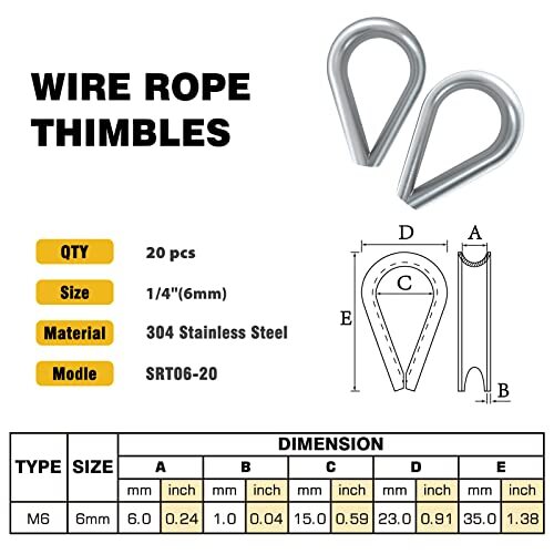20pcs M6 Stainless Steel Wire Rope Thimbles For 1/4 Diameter Rope ...