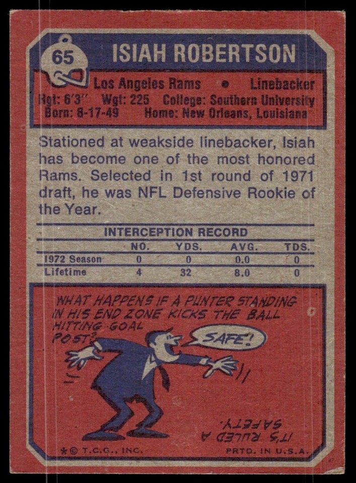 1973 TOPPS ISIAH ROBERTSON LOS ANGELES RAMS #65 | eBay