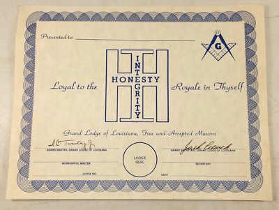 Masonic Grand Lodge Of Louisiana Honesty Integrity Unused Rare | eBay