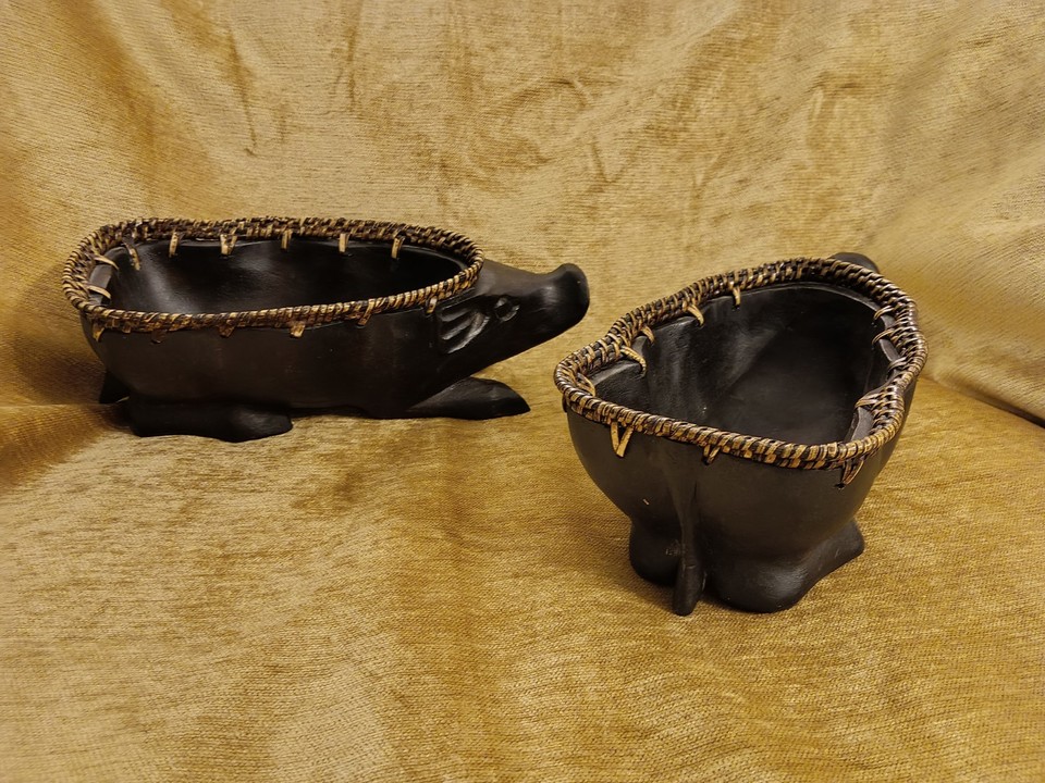 Vtg Set of 2 Hand Carved Wood Rattan Pig Fruit Bowl Tray Dish ...