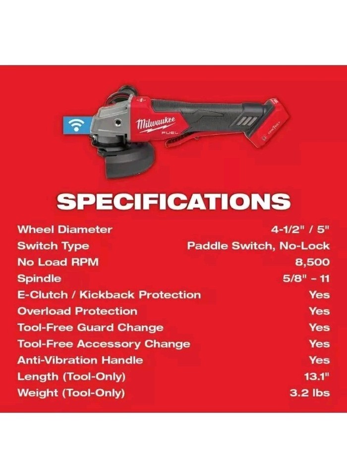 Milwaukee 2882-20 M18 FUEL 4-1/2" / 5" Paddle Switch Braking Grinder ...