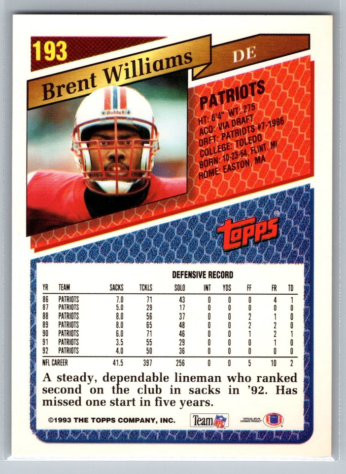 1993 Topps Gold Football #193 Brent Williams New England Patriots | eBay