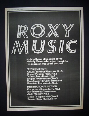 Roxy Music For Your Pleasure Era Fan Thank You 1973 Poster Type Ad ...