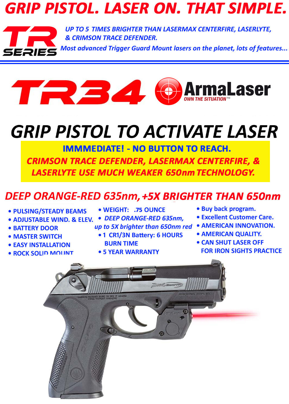 ArmaLaser TR34 TR34S Red Sight - Compact & Full-Size Beretta Px4 Storm ...