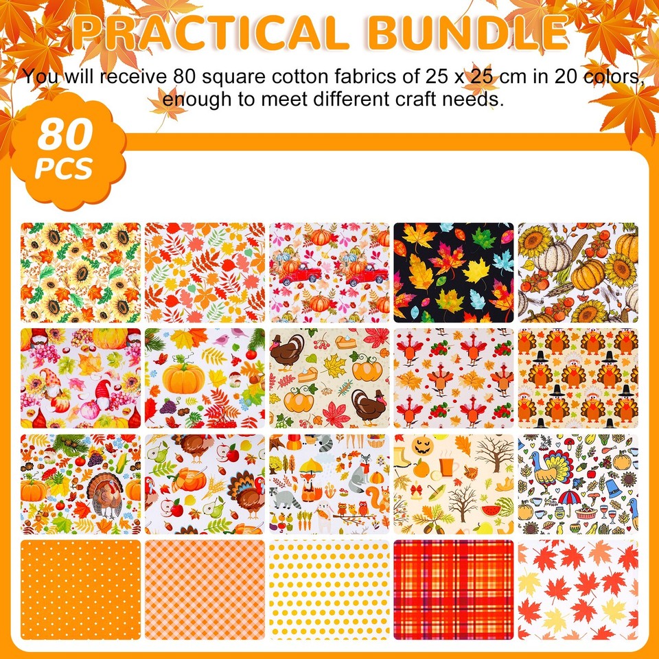80pc 10x10" Fall Cotton Fabric Squares Quilting Patchwork Autumn ...