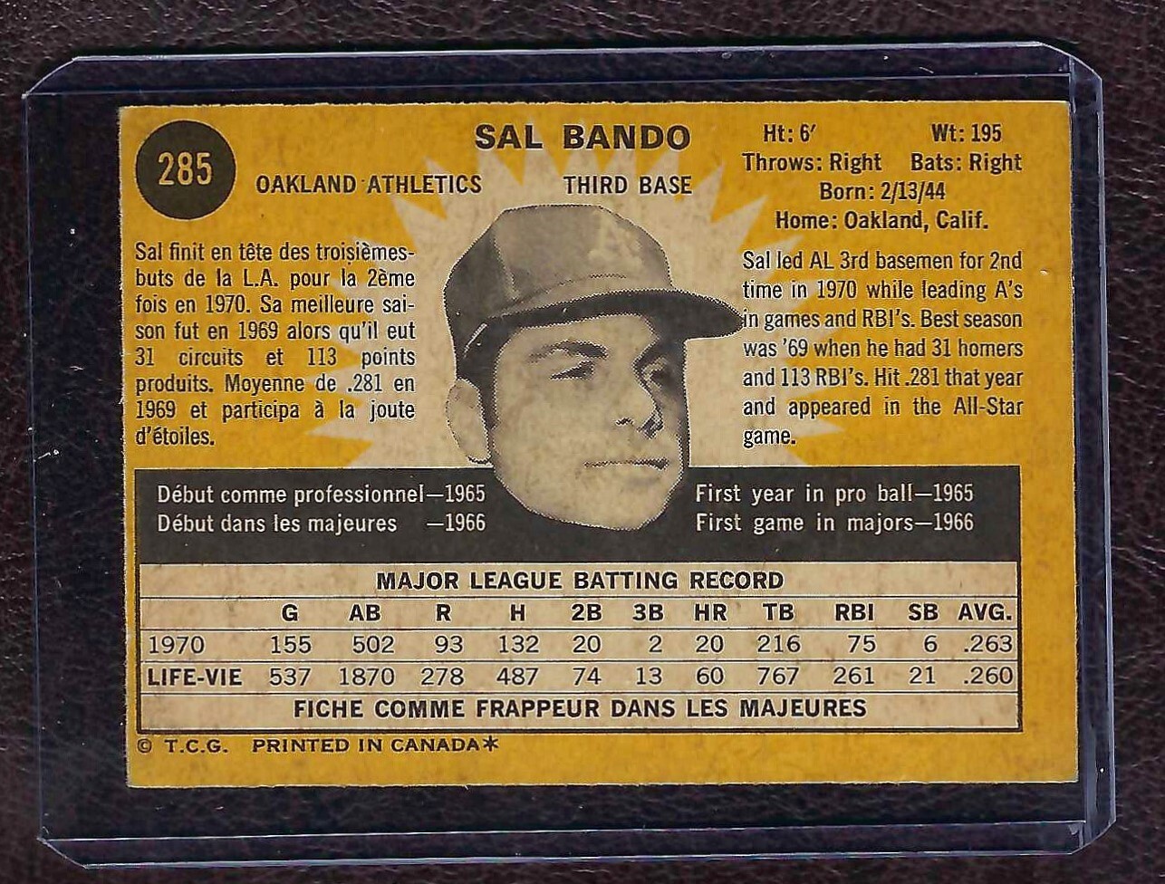 1971 O-Pee-Chee, OPC, Baseball Card #285 Sal Bando, Oakland Athletics ...