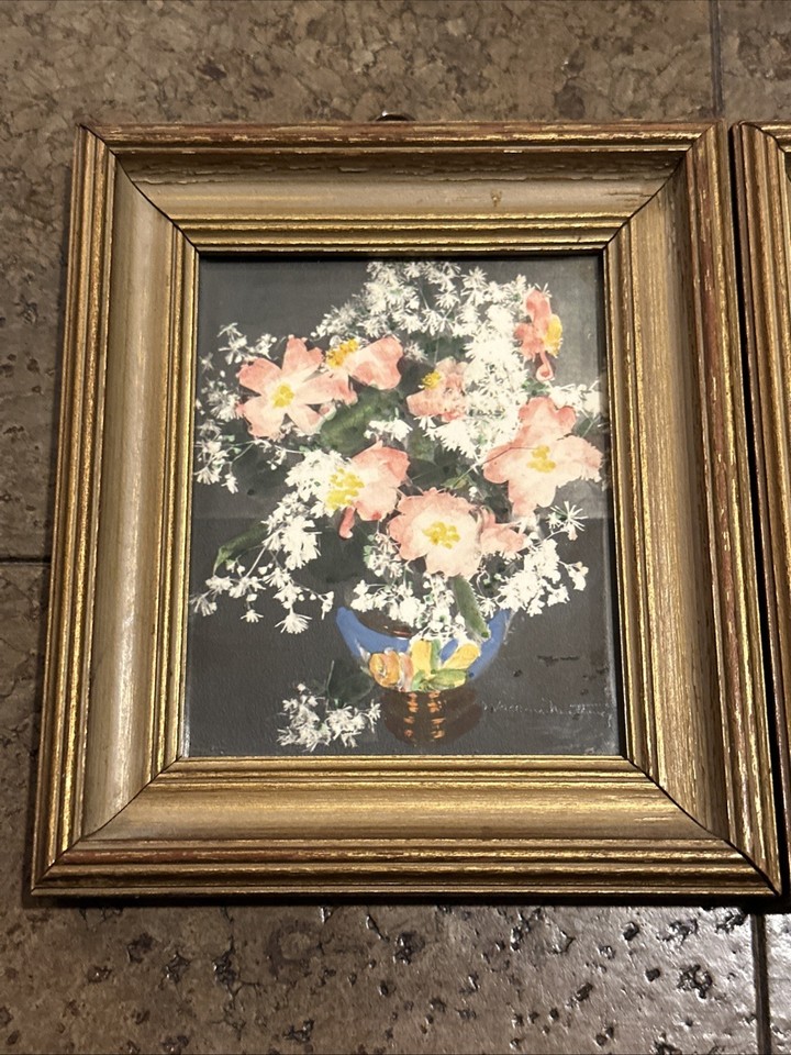 Original Matched Pair Wallace Nutting Floral Hand Colored Miniature ...