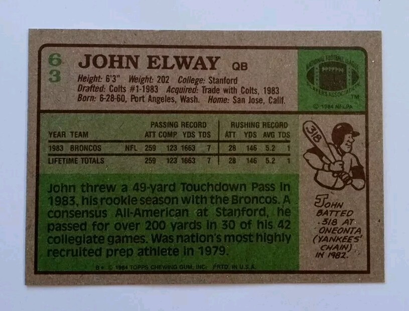 1984 84 Topps John Elway Denver Broncos RC Rookie #63 | eBay