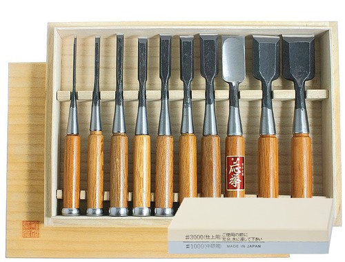 Japanese Hattori Carpenters Chisels 10pc Set in Wooden Box DT710016 ...