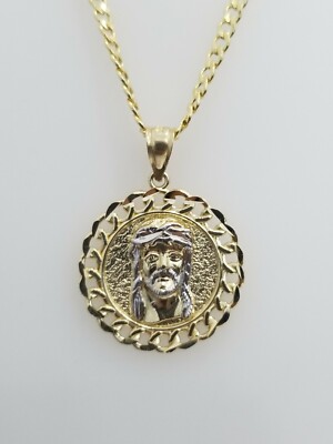 Clearance 10K Yellow White Gold Jesus Cuban Chain 24' Medallion Pendant ...