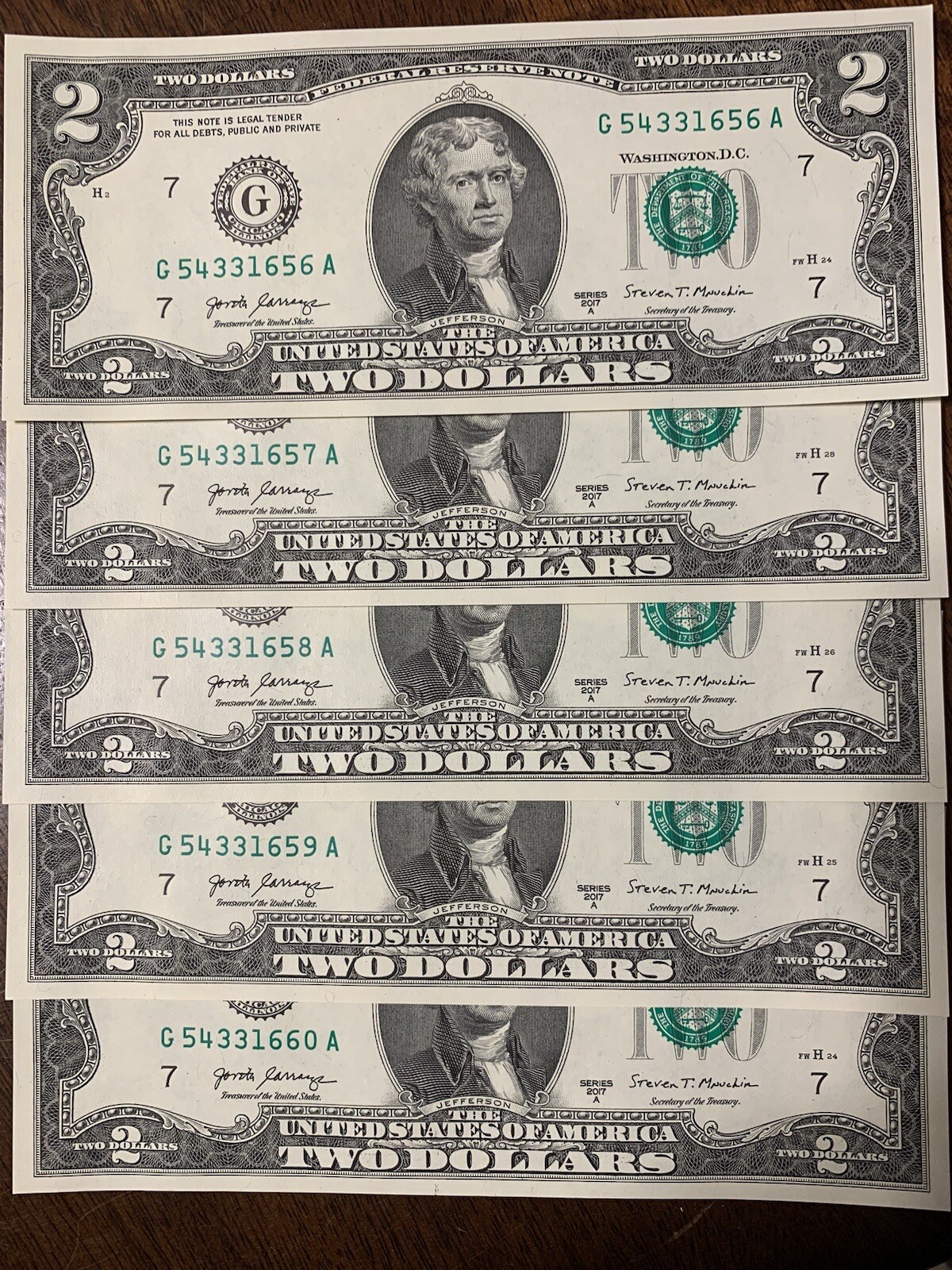 *Lot of 5 LUCKY CRISP Uncirculated/Sequential $2 Two Dollar Bills ...