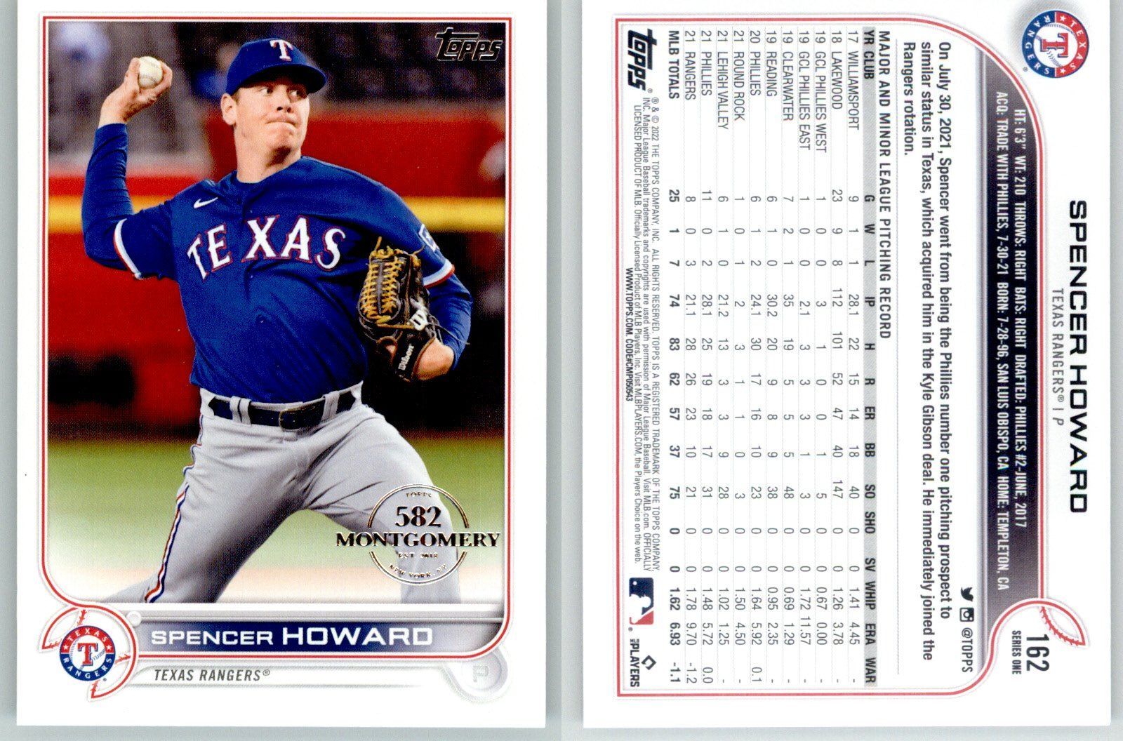 Spencer Howard 2022 Topps 582 Montgomery Stamped Set #162 Rangers | eBay
