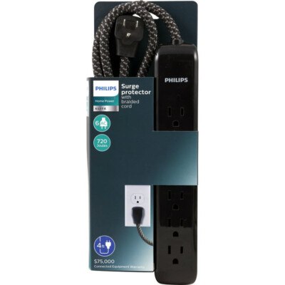 Phillips surge protector black with 4 ft braided cord 6 AC outlets 120V ...
