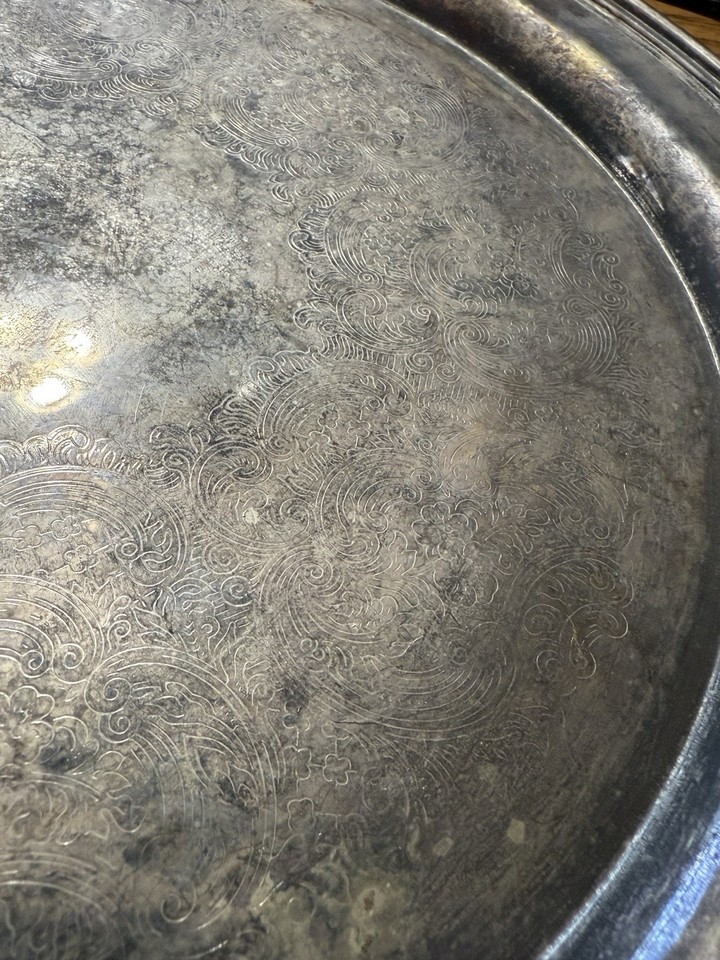Vtg Silver Plated Round Serving Tray Handles 14.5” Ornate Etched Made ...