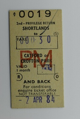 British Railway Ticket No 0019 SHORTLANDS to CATFORD or CRAFTON PARK ...