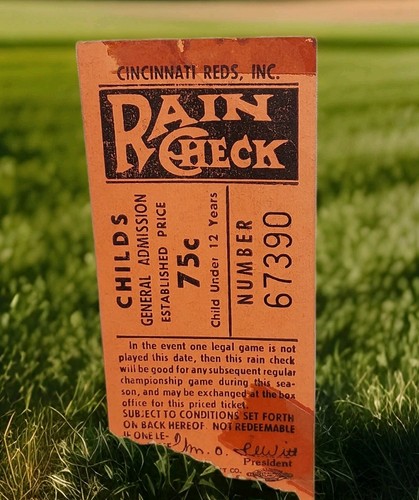 1950s Cincinnati Ohio Reds Baseball Club MLB Rain Check Child's Ticket ...