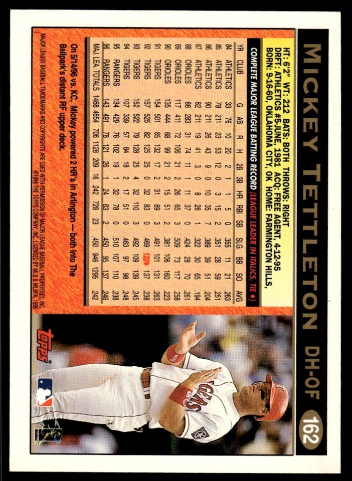 1997 Topps Baseball Card Mickey Tettleton lo Texas Rangers #162 | eBay