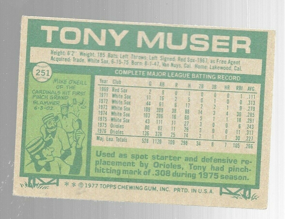 1977 Topps Tony Muser 251 Baltimore Orioles Baseball Card | eBay