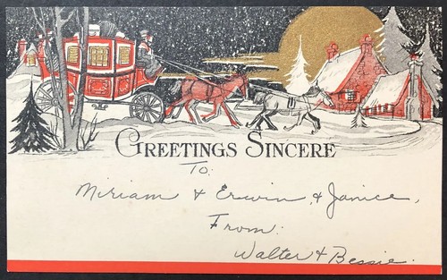Vintage One Sided Christmas Card Greetings Sincere Horse Drawn Buggy ...