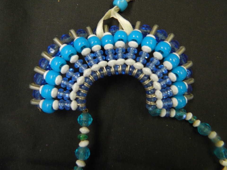 Vintage Blue hand crafted Beaded Safety Pin mini Indian Chief Headdress folk art | eBay