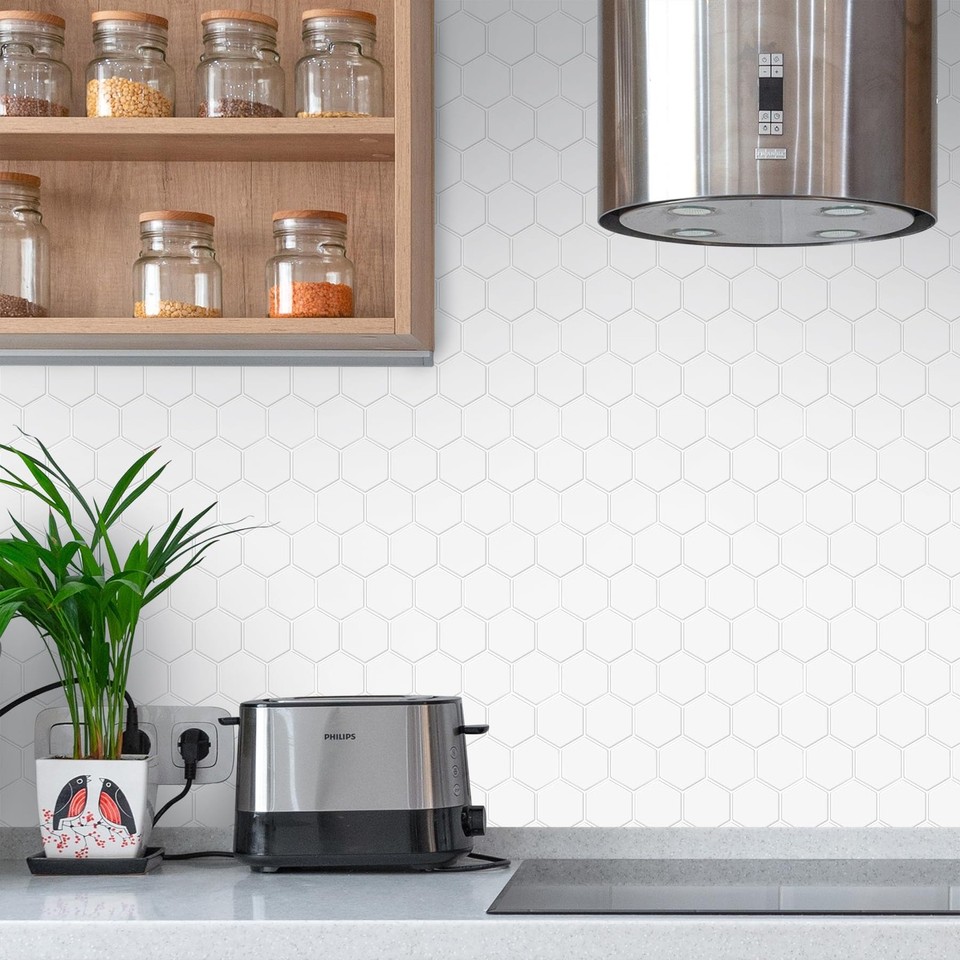 White Hexagon Peel and Stick Backsplash, Self Adhesive Bathroom Wall ...
