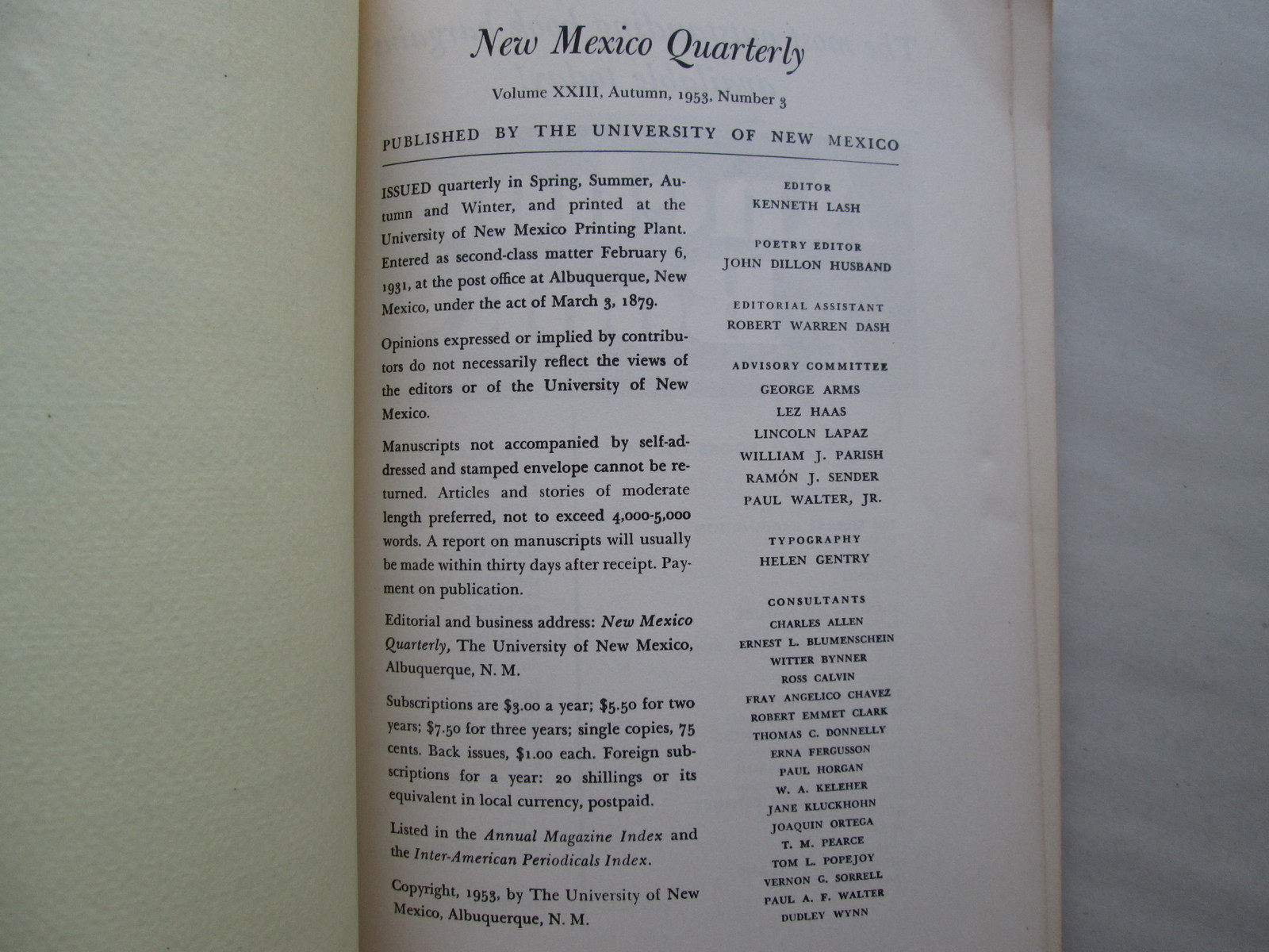 NEW MEXICO QUARTERLY Autumn 1953 VOLUME XXIII Kenneth Lash UNIVERSITY ...