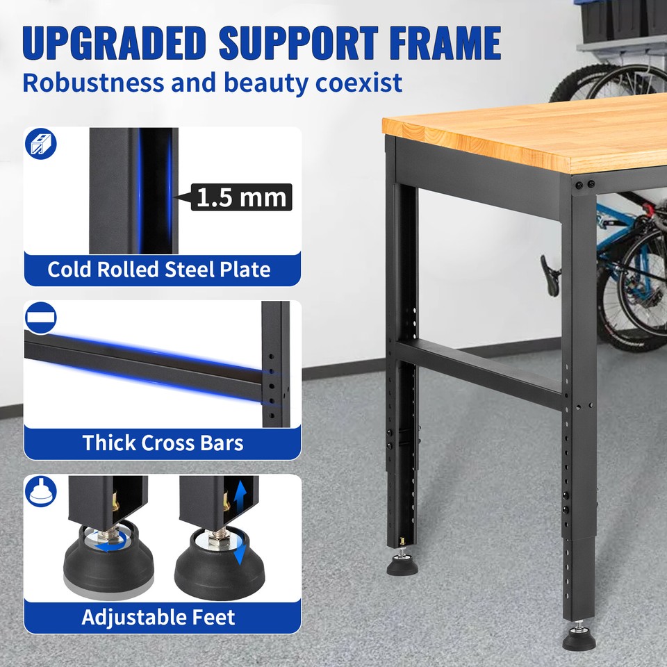 Adjustable Height Workbench 61"L x 20"W Work Bench Table w/ Power ...