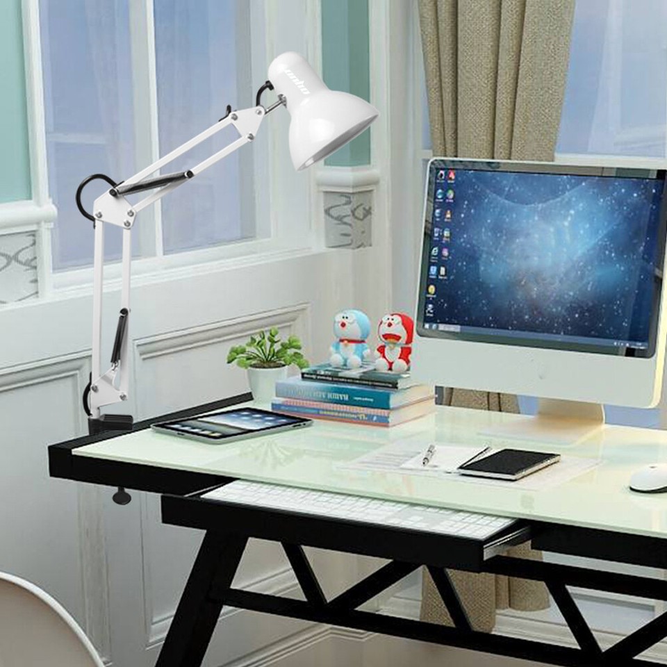 LED Long Swing Arm Desk Lamp W Clamp Metal Adjustable Reading Light ...