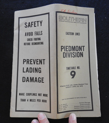 1979 SOUTHERN RAILROAD RAILWAY SYSTEM "PIEDMONT DIVISION TIMETABLE #9 ...