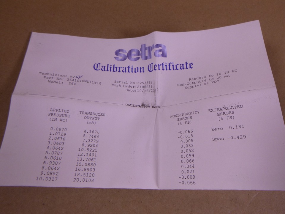 2641010WD11T1G Setra Model 264 Transducer, 0-10.0" WC, 24VDC, 4-20mA | eBay