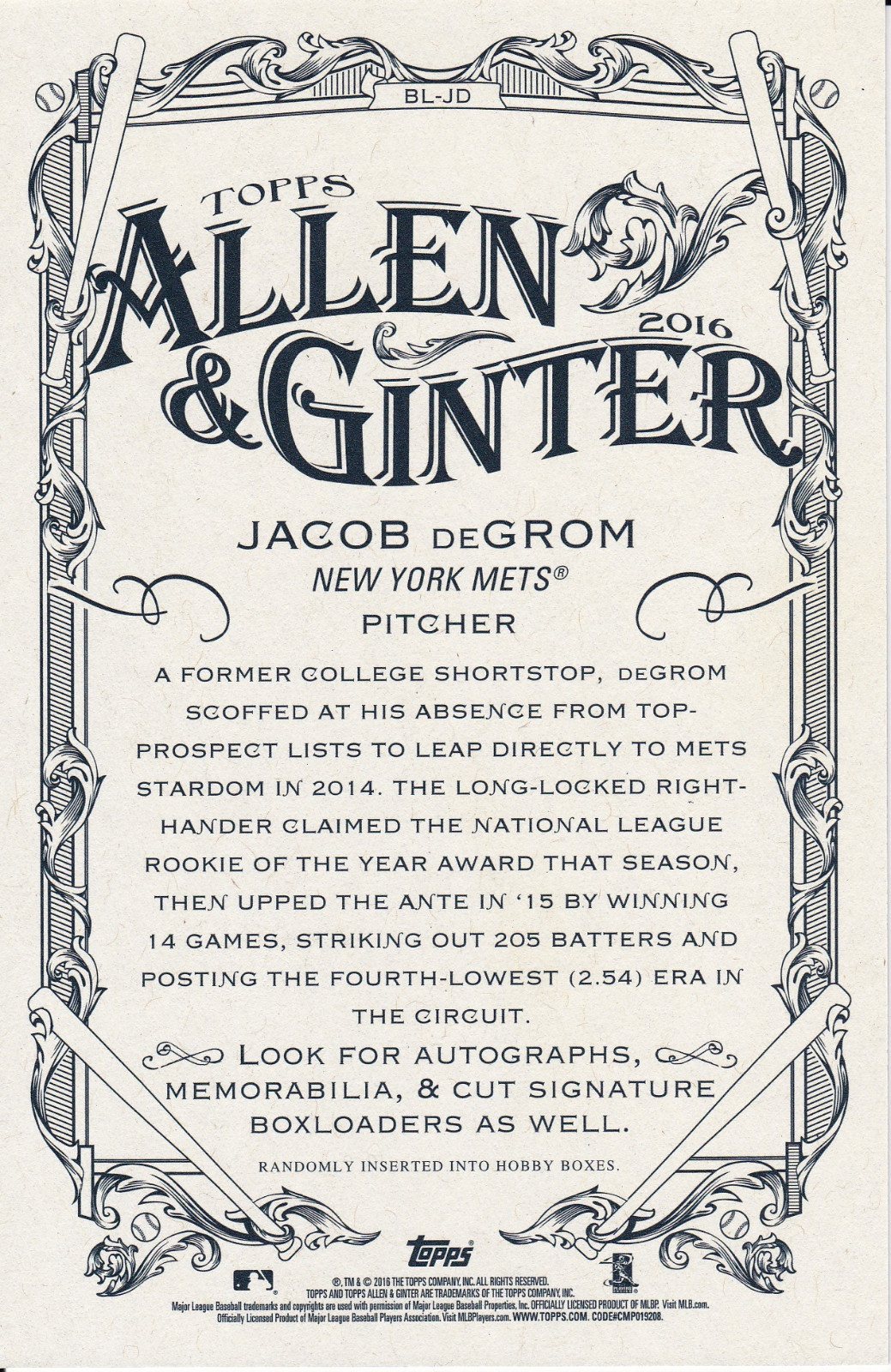 Jacob deGrom 2016 Topps Allen & Ginter Box Loader Boxtopper BL-JD New ...