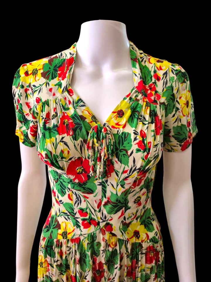 Vtg 30s 40s Dress XS/S Long Evening Yellow Red Floral Poppy Crepe Short Sleeve | eBay
