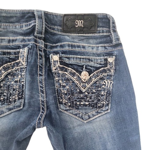 Miss Me Women's Blue Low Rise Bootcut Jeans Bedazzled Distressed Size ...