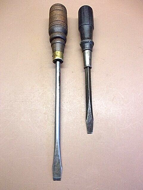 2 Vintage Unbranded Wood-Handled Flathead Screwdrivers 3/8" & 1/2" Tips ...