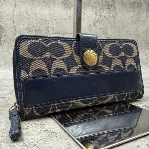 COACH Denim Wallet Navy Two-Fold Signature Excellent with Dust Bag | eBay
