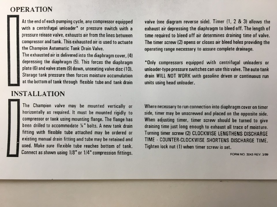Champion Air Compressor ZTD1 Automatic tank Drain Valve Assembly Z-TD-1 ...