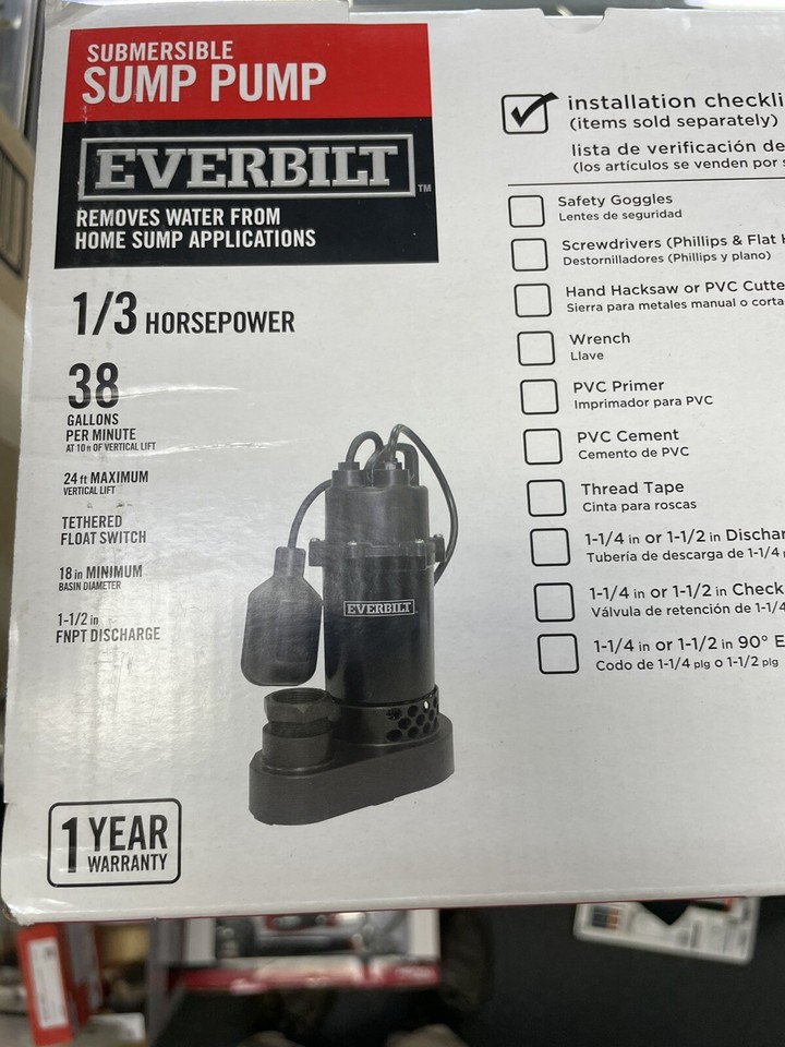 Everbilt HDSP33W 1/3 HP Submersible Aluminum Sump Pump 38GPM W ...