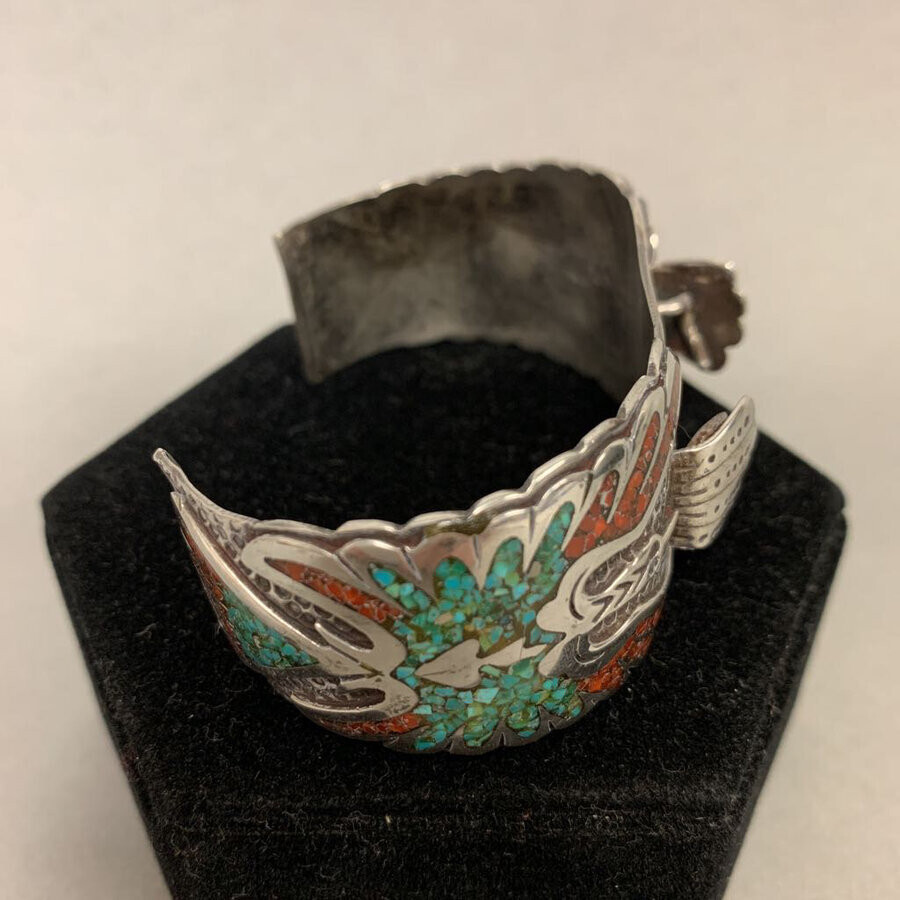 Vintage Sterling Turquoise Coral Chip Inlay Southwestern Watch Cuff ...