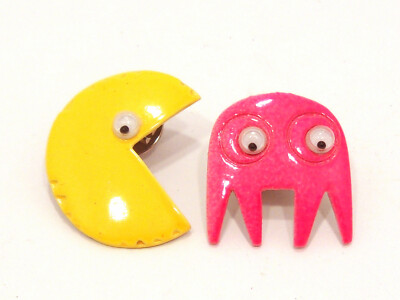 Pac Man and Pink Ghost Googly Eye Enamel Tack Pins - Vintage 80s Video ...